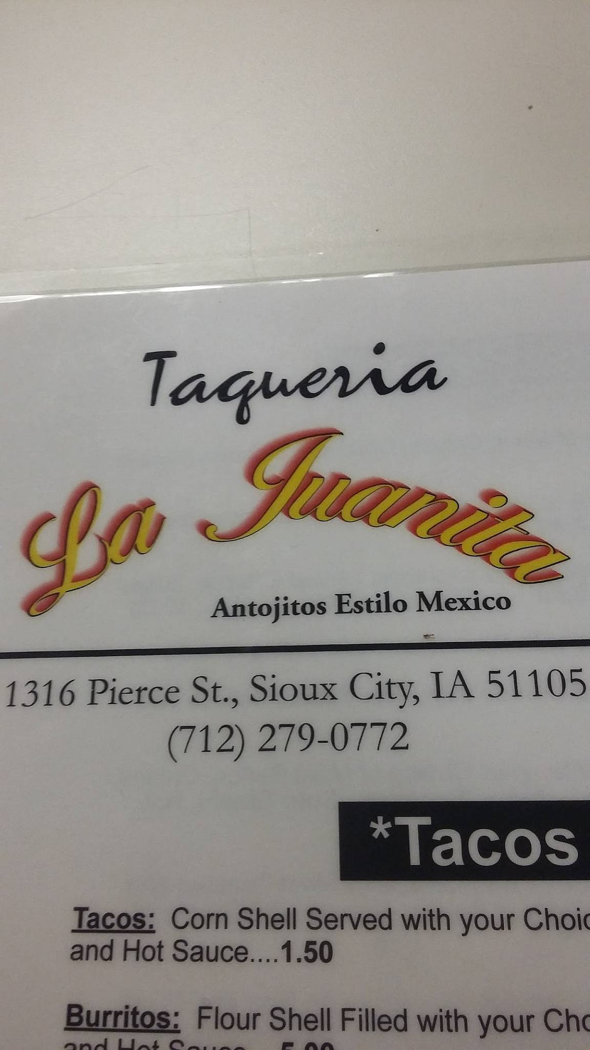 Menu at La Juanita restaurant, Sioux City, Pierce St