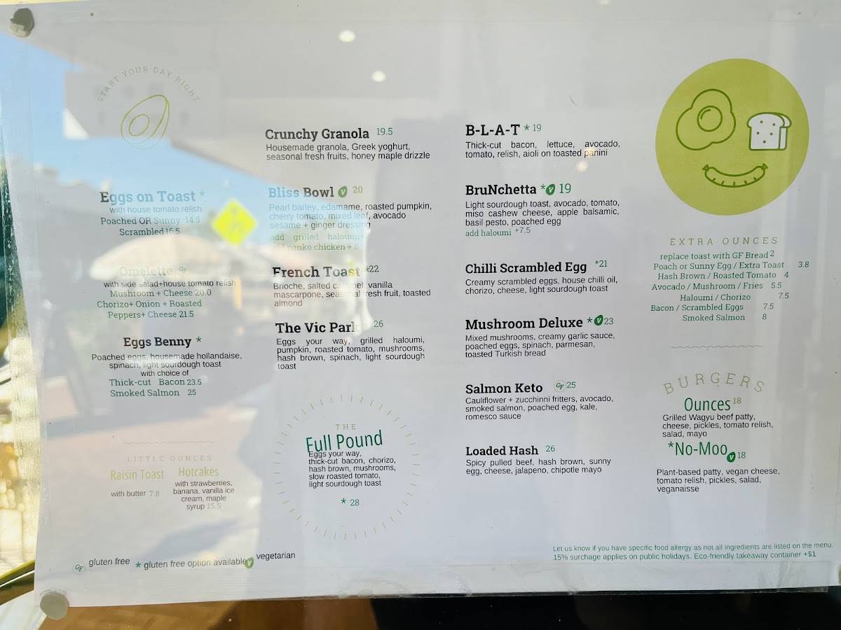 Menu at Sixteen Ounces cafe, Victoria Park