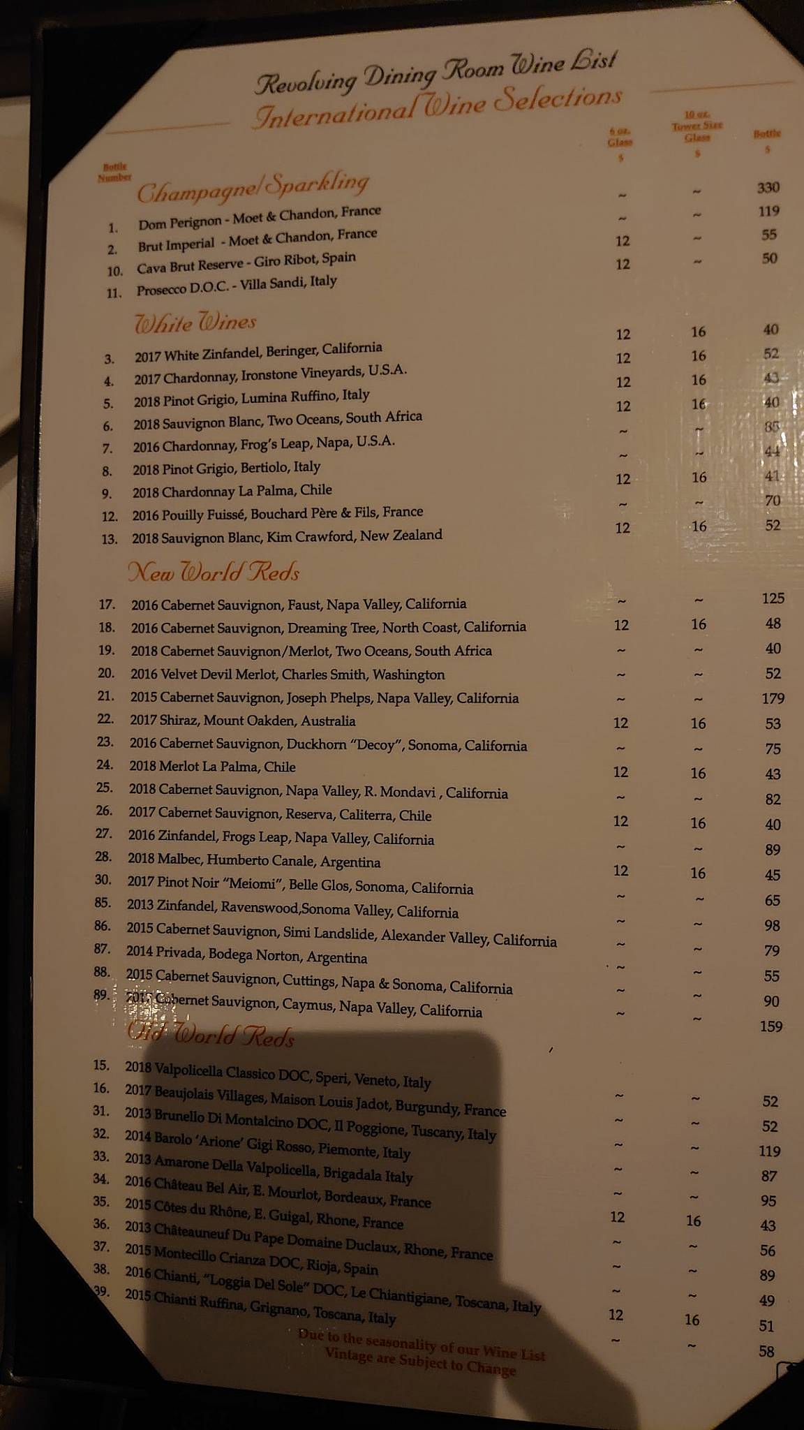 Menu at Skylon Tower Revolving Dining Room restaurant, Niagara Falls