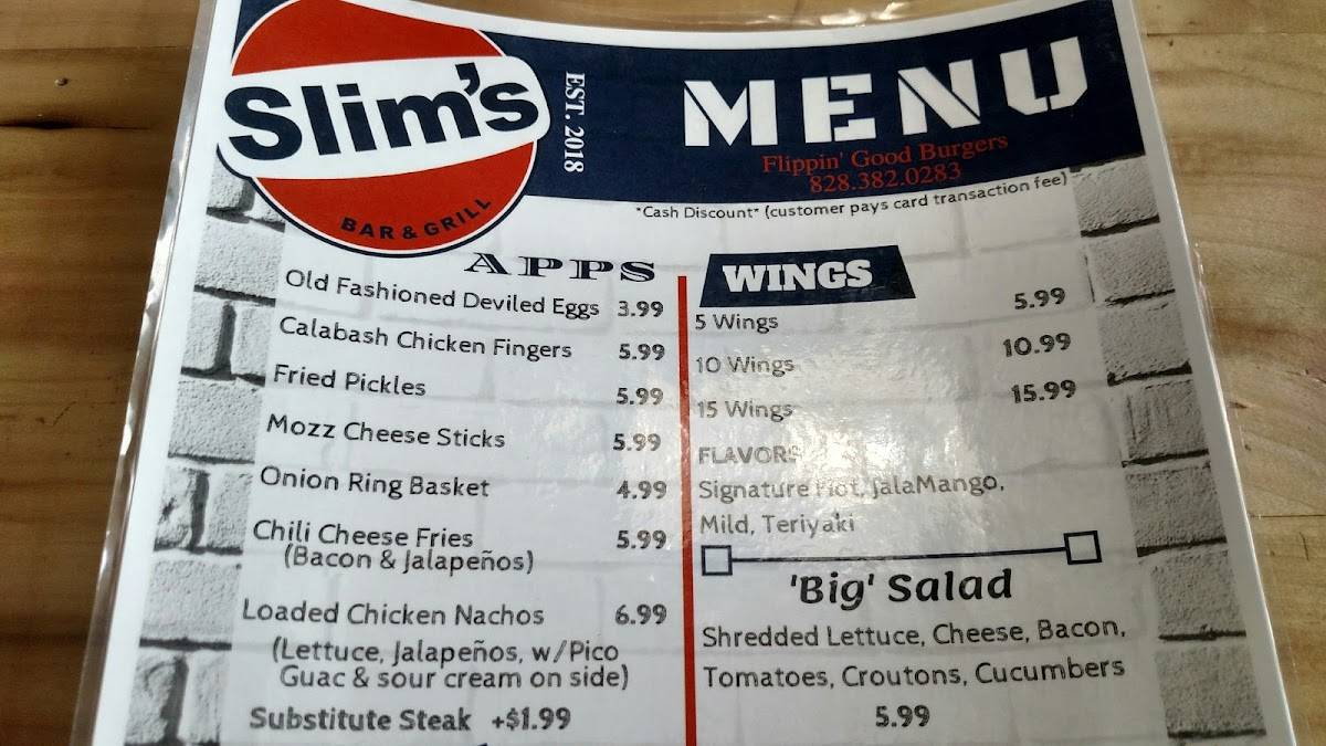 Menu at Slim's Bar & Grill, Forest City