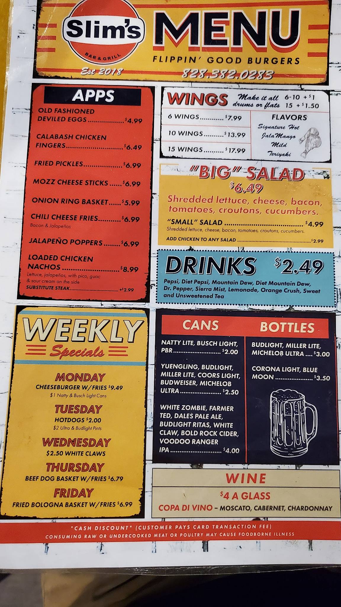 Menu at Slim's Bar & Grill, Forest City