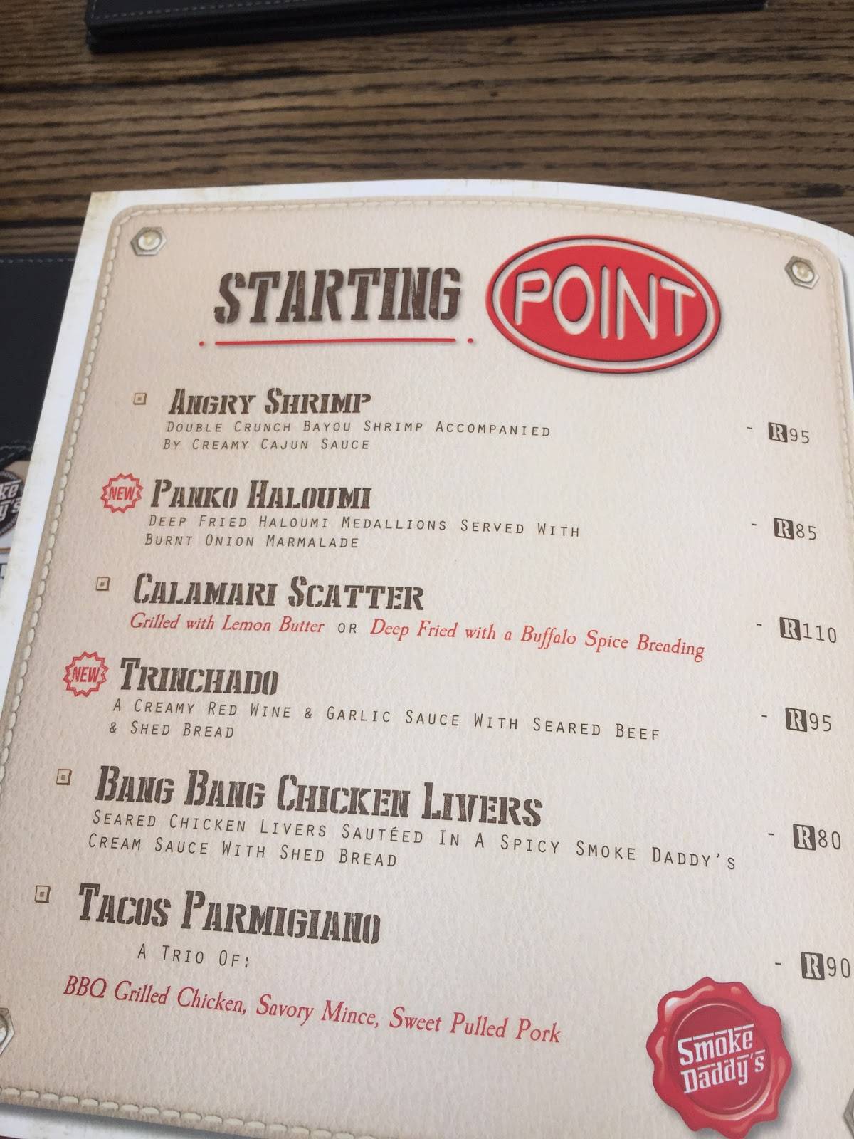 Menu at Smoke Daddy's restaurant, Randburg, Cedar Square Shopping Centre