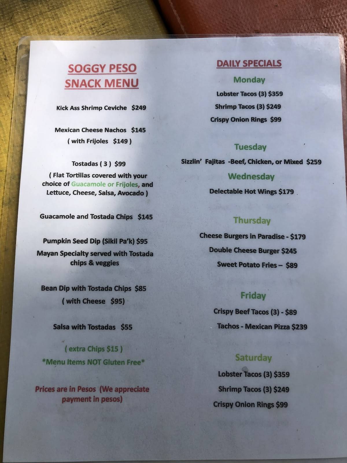Menu at Soggy Peso pub & bar, Isla Mujeres
