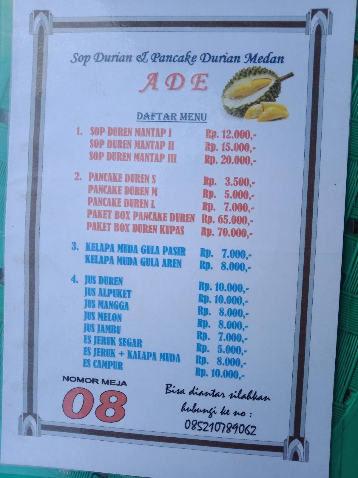 Menu at Sop DURIAN DAN PANCAKE DURIAN MEDAN *ADE* restaurant, Tasikmalaya