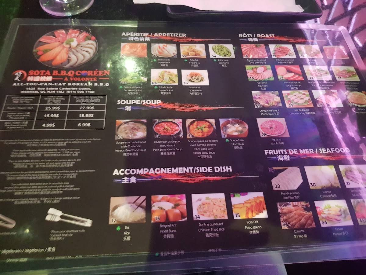Menu au Sota BBO Coréen BBQ, Montréal