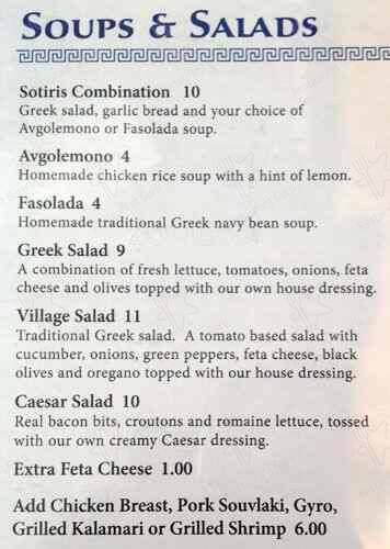 Menu at Sotiris Greek Restaurant, Burlington