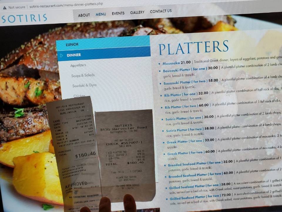 Menu at Sotiris Greek Restaurant, Burlington