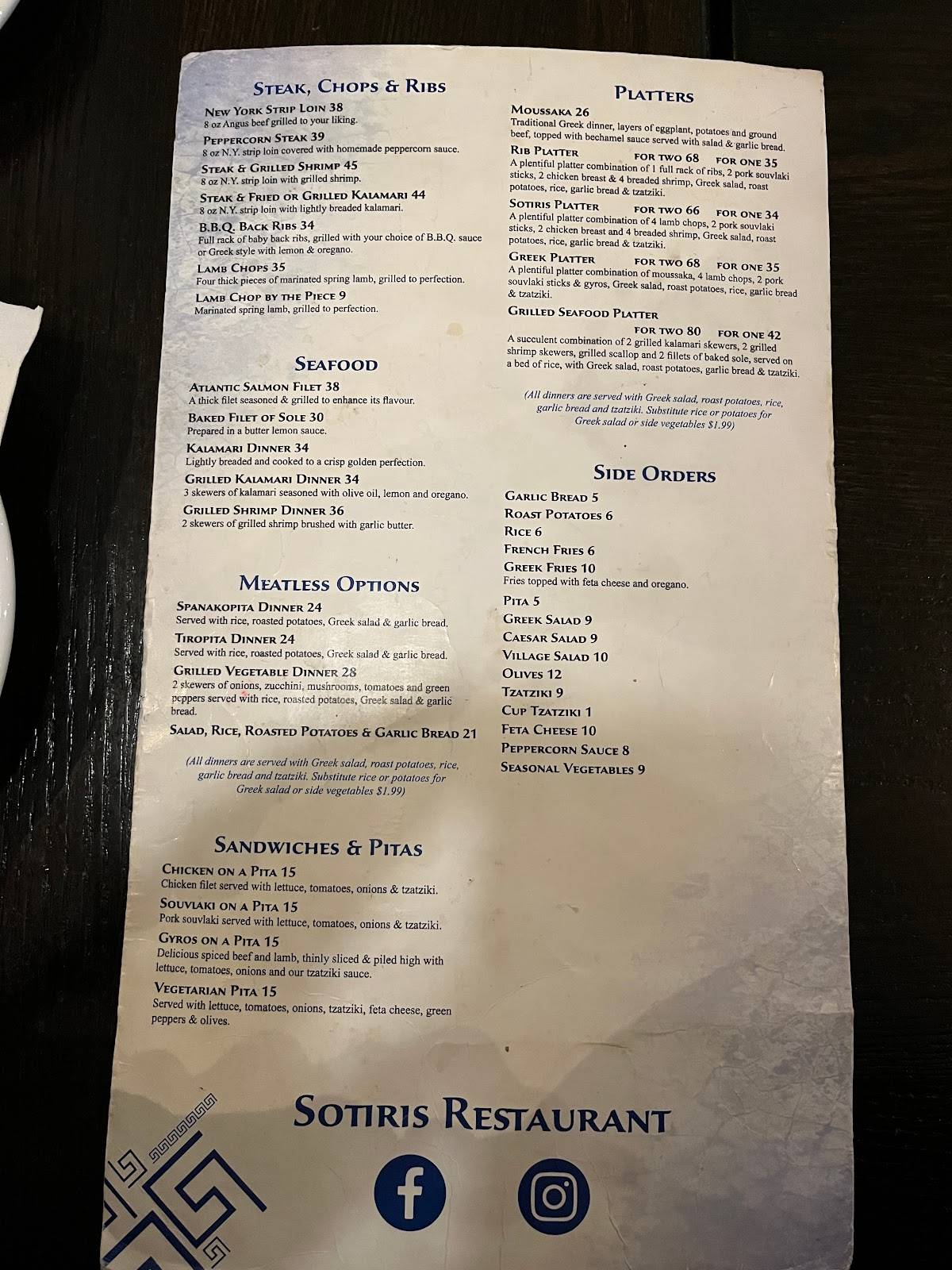 Menu at Sotiris Greek Restaurant, Burlington