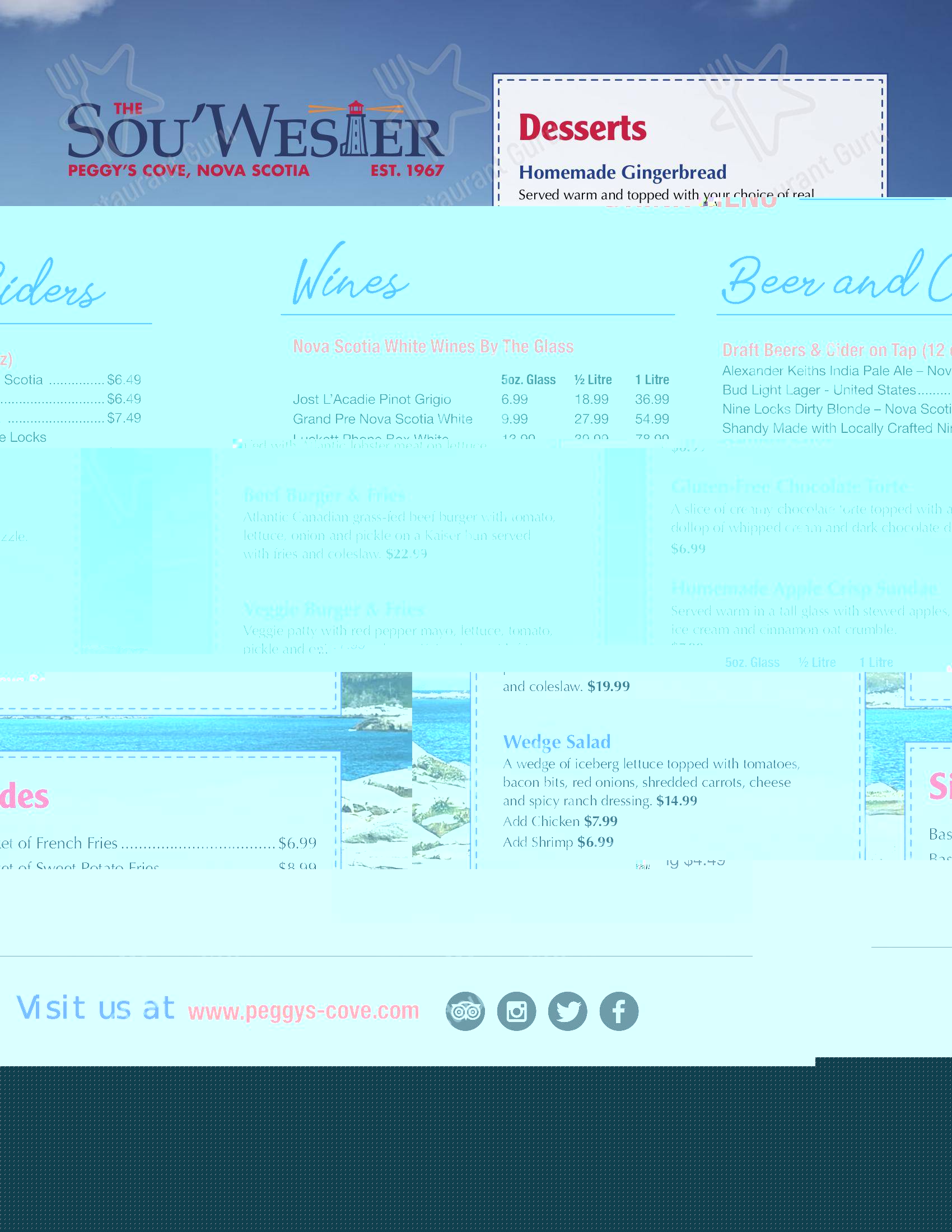 Menu at Sou’Wester Gift & Restaurant Company Ltd., Peggys Cove