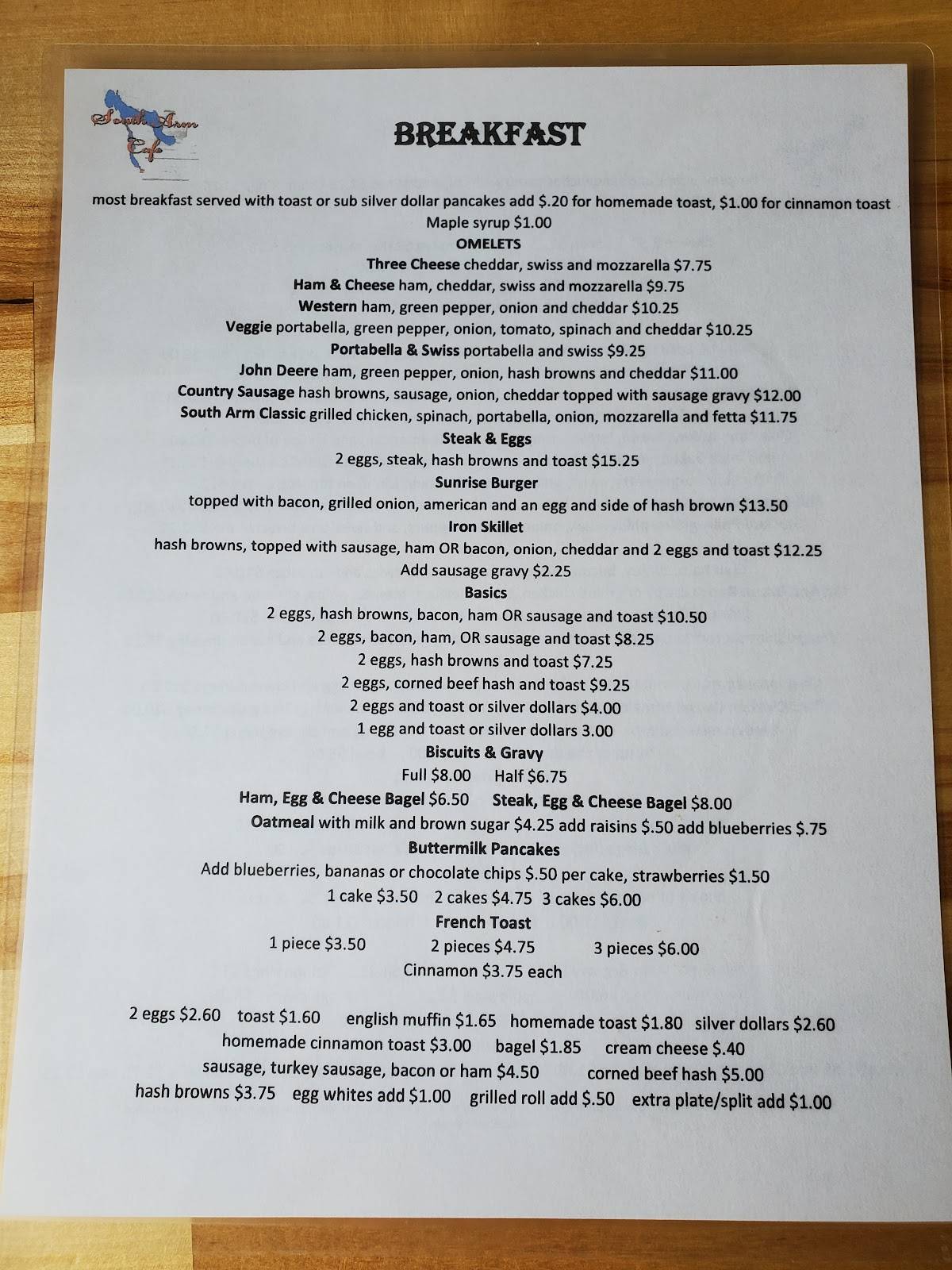 Menu at South Arm Cafe, East Jordan
