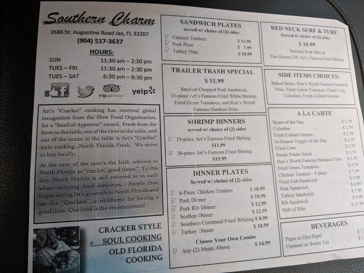 Menu at Southern Charm restaurant, Jacksonville