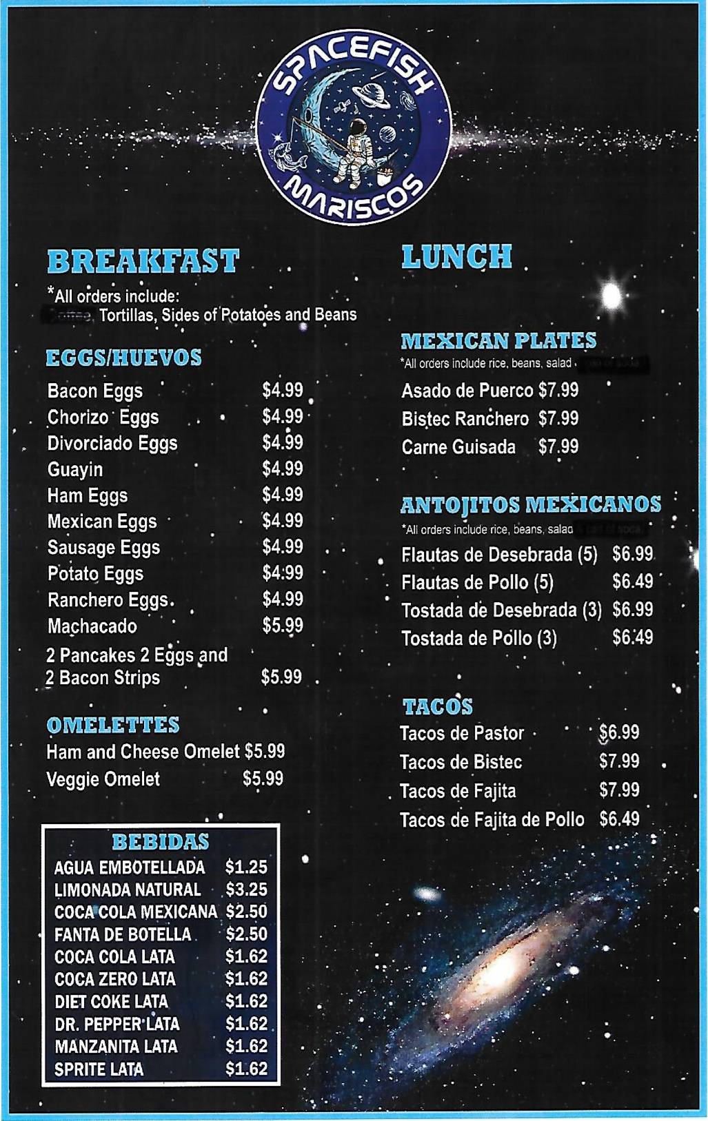 Menu at SpaceFish Mariscos Restaurant, Brownsville