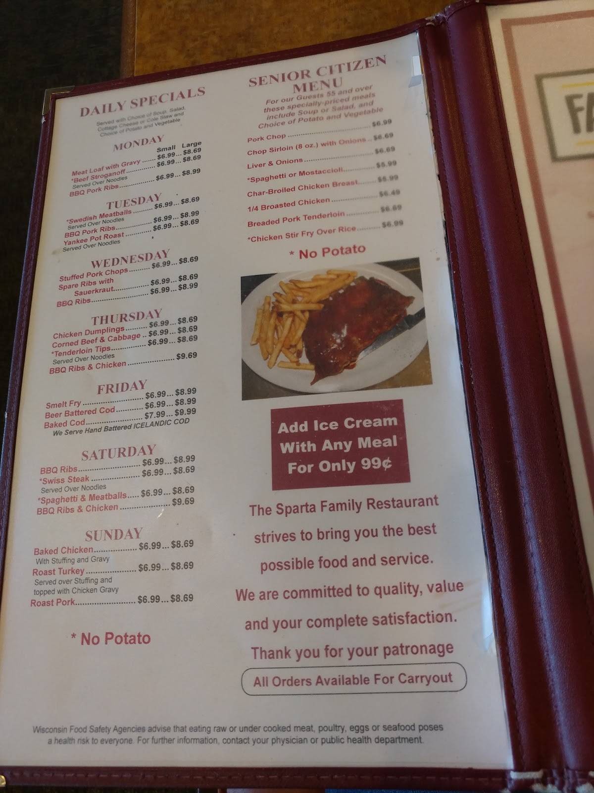 Menu at Sparta Family Restaurant, Sparta