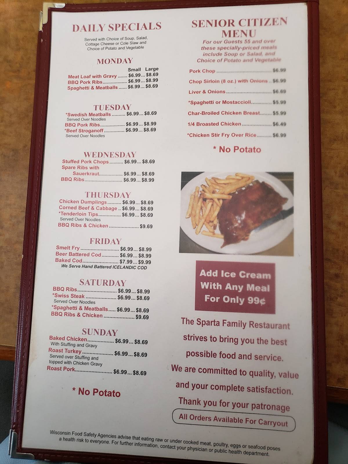 Menu at Sparta Family Restaurant, Sparta