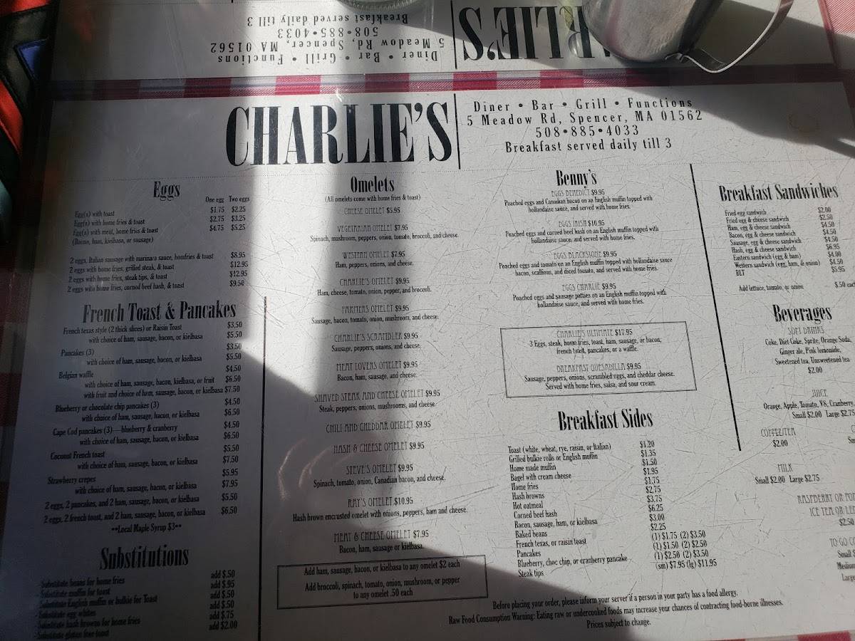 Menu at Charlie's Diner restaurant, Spencer