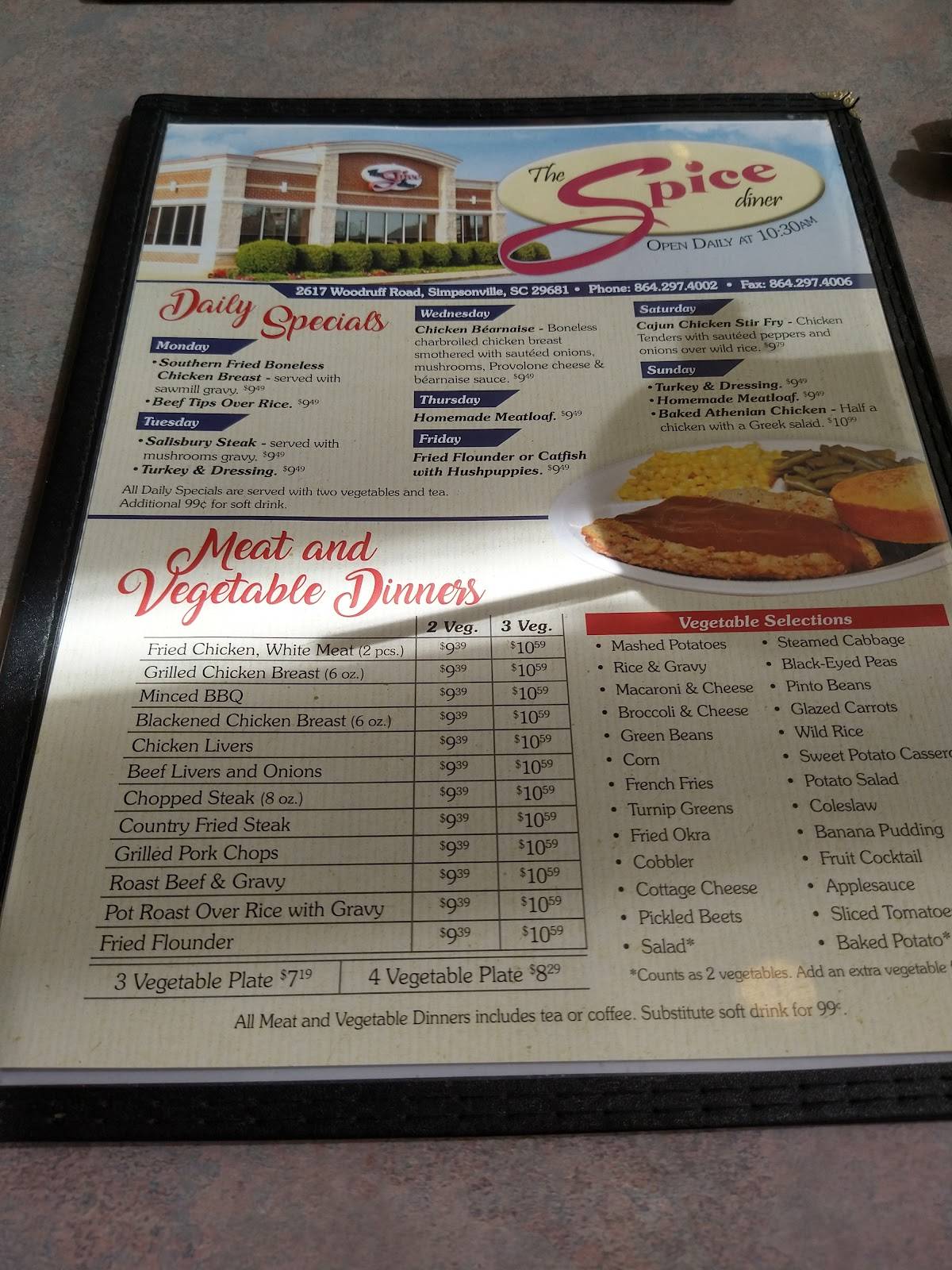Menu at Spice Diner restaurant, Simpsonville