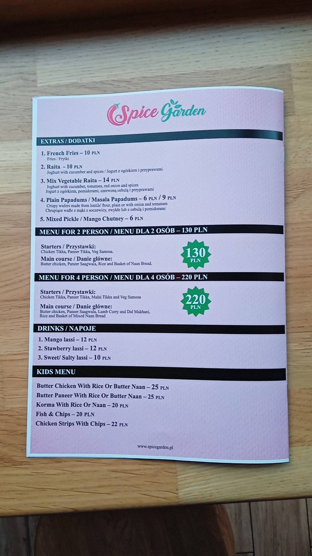 Menu at Spice Garden restaurant, Warsaw