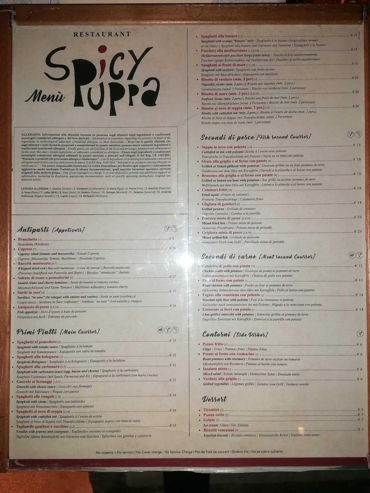 Menu at Spicy Puppa restaurant, Venice
