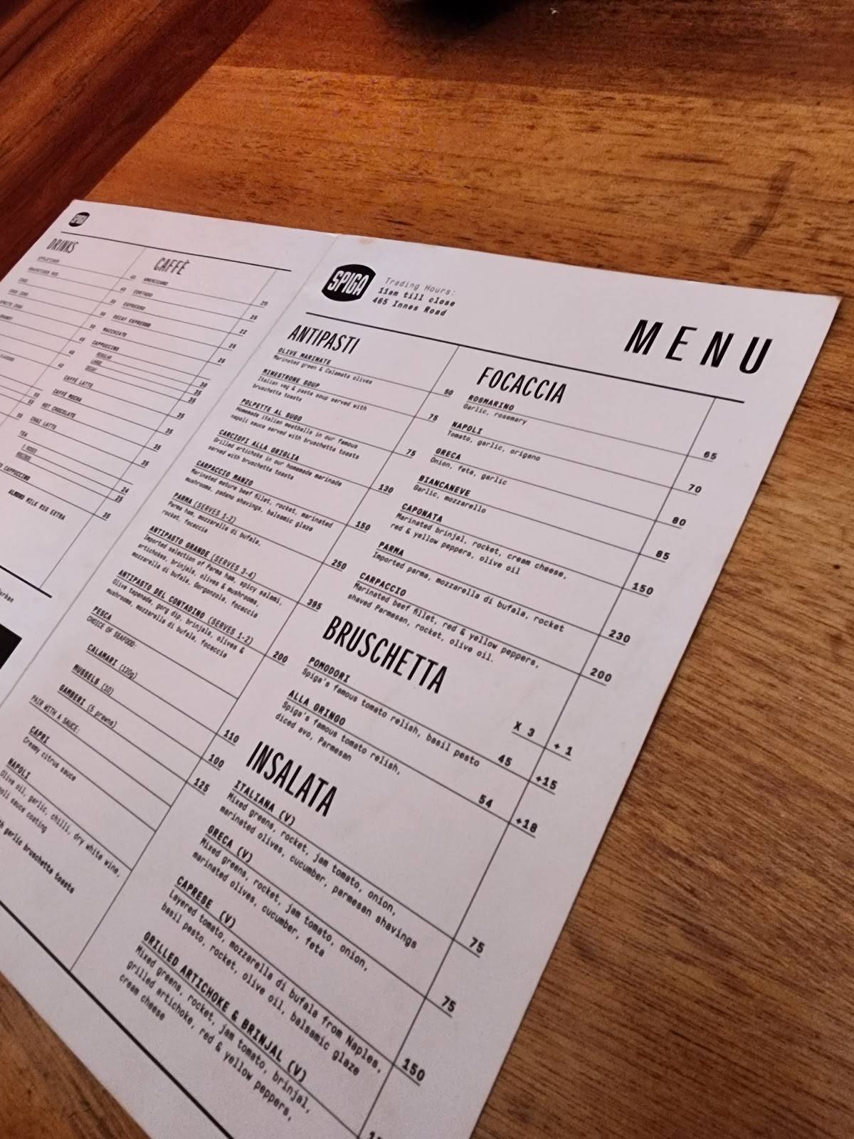 Menu at Spiga restaurant, Durban, 465 Innes Rd