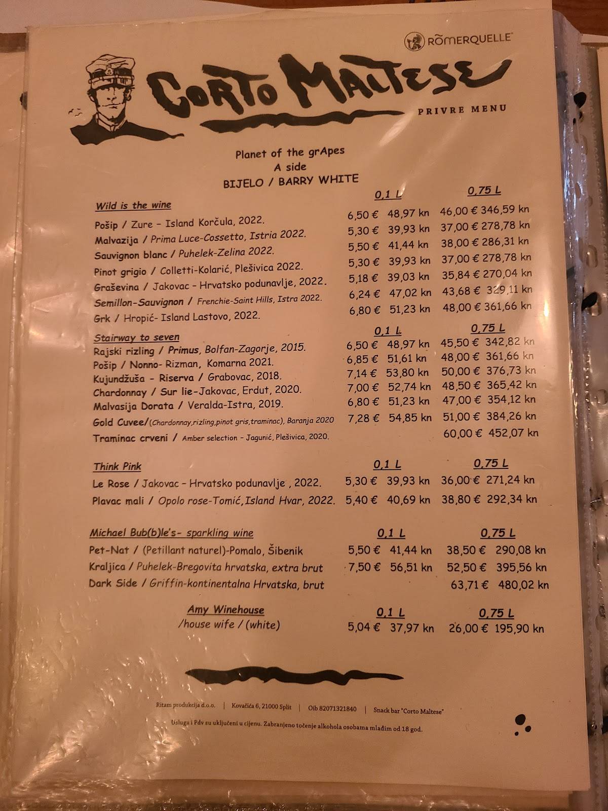 Menu at Corto Maltese Freestyle food restaurant, Split, Obrov ul. 7