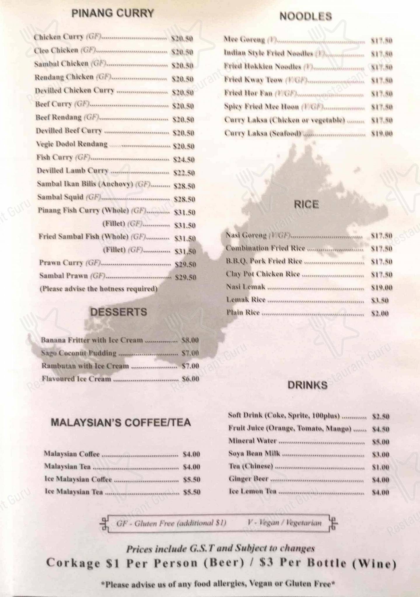Menu at Sri Pinang desserts, Auckland