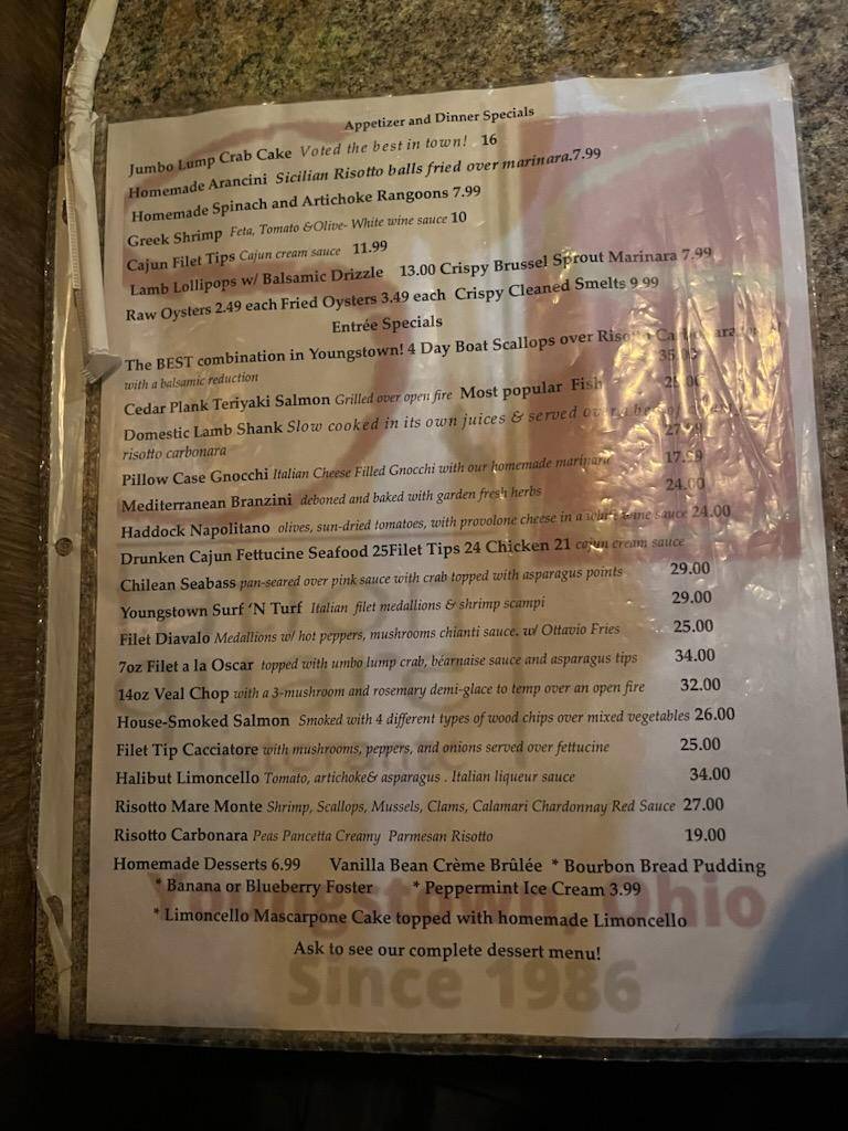 Menu at Station Square restaurant, Youngstown, Belmont Ave