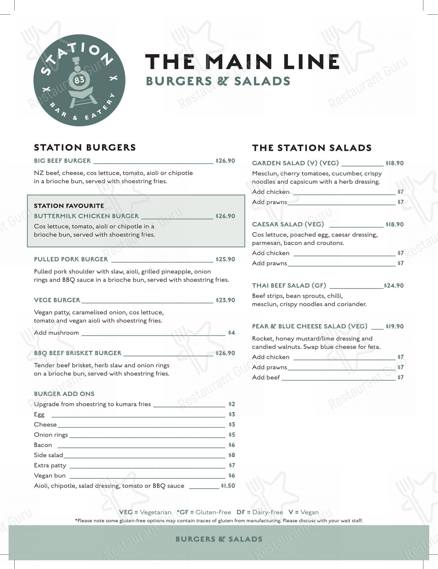 Menu at Station83 restaurant, Tauranga