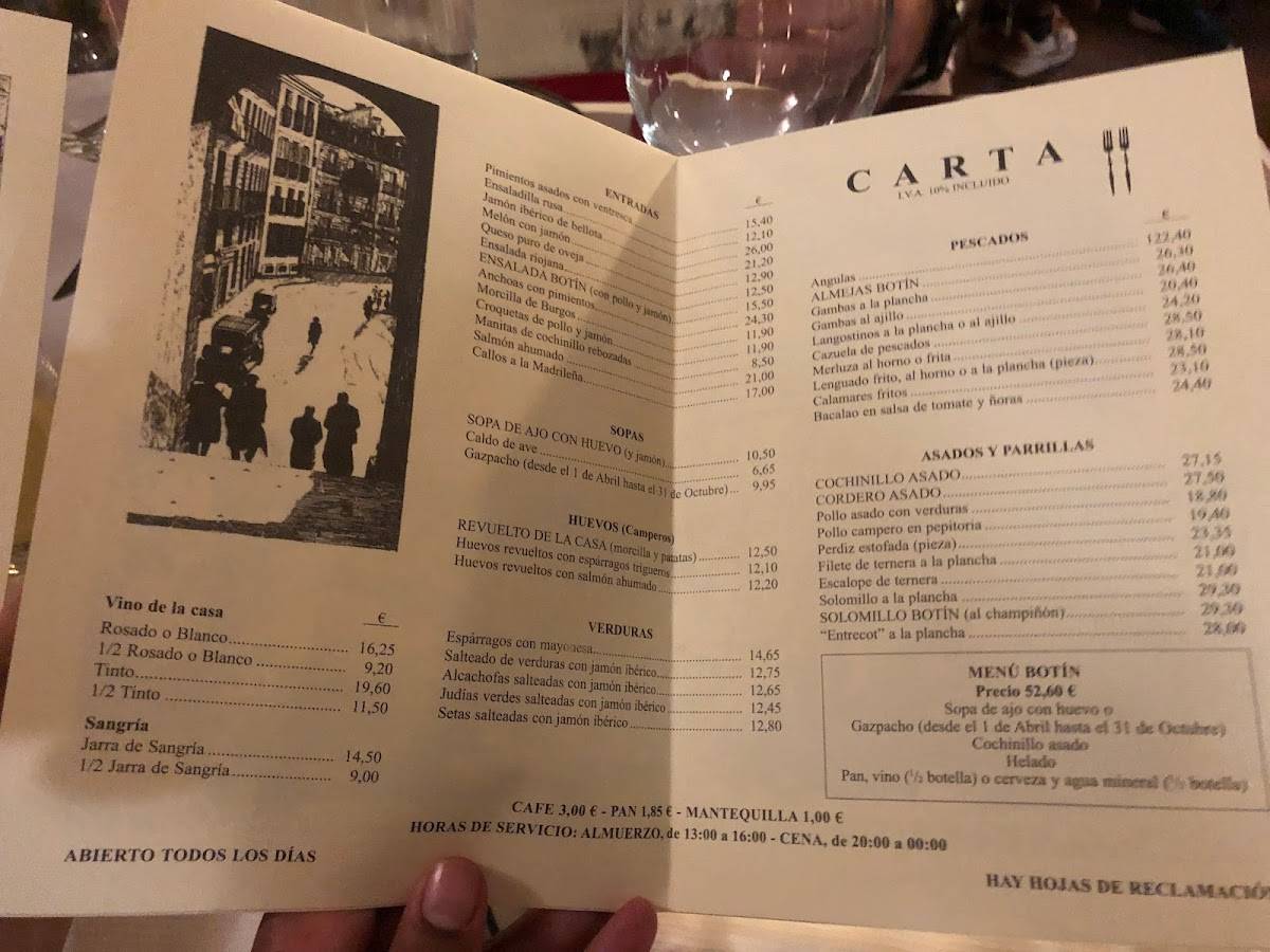 Menu at Botín steakhouse, Madrid, C. de Cuchilleros