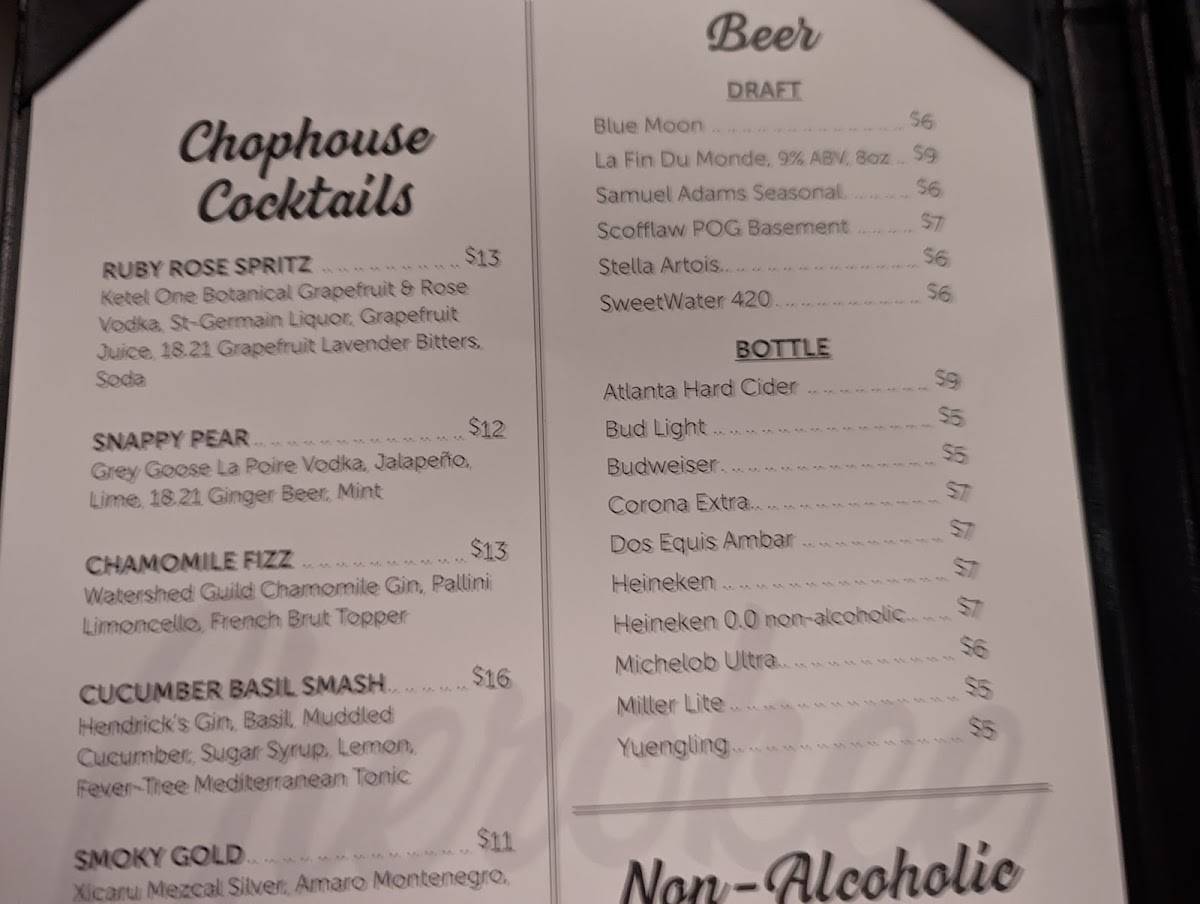 Menu at Cherokee Chophouse steakhouse, Marietta