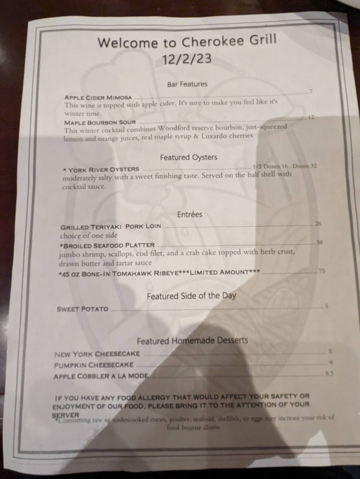 Menu at Cherokee Grill and Steakhouse, Gatlinburg
