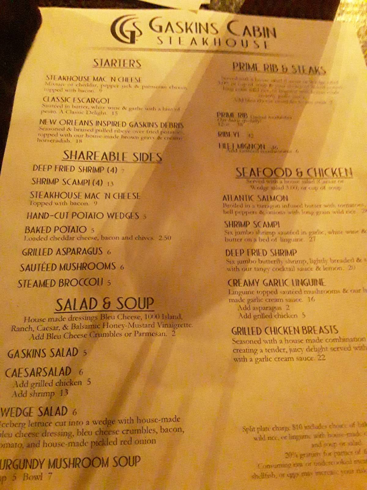 Menu at Gaskins Cabin Steakhouse, Eureka Springs