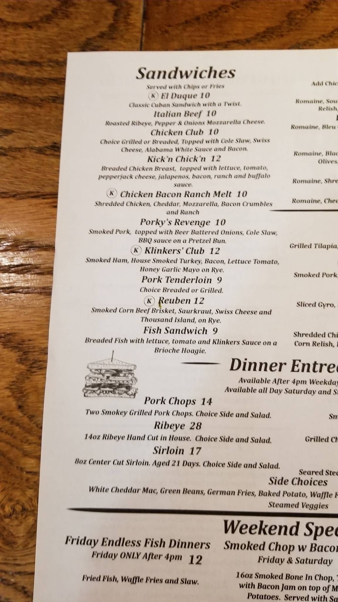 Menu at Klinkers Hometown Bar & Grill, Princeton