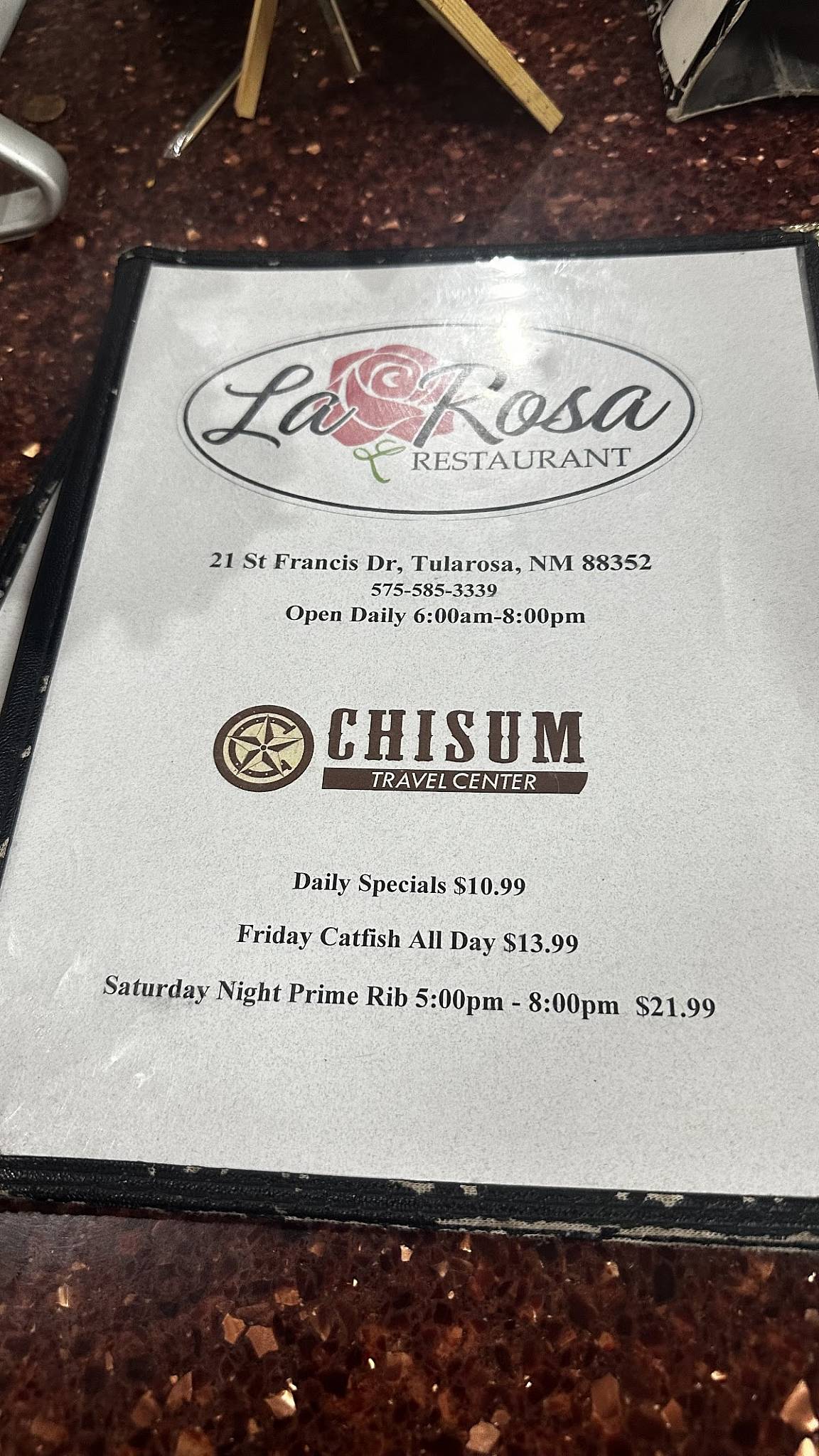 Menu at La Rosa Steakhouse, Tularosa