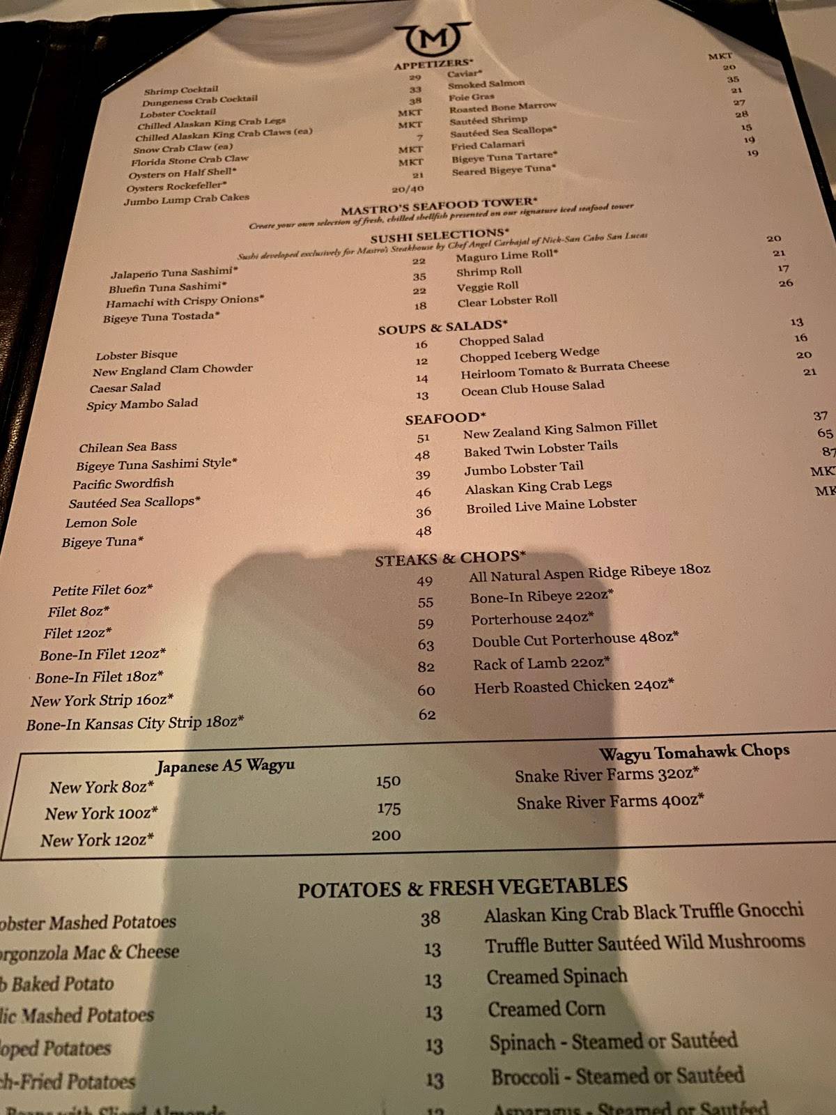 Menu at Mastro's Ocean Club, Scottsdale