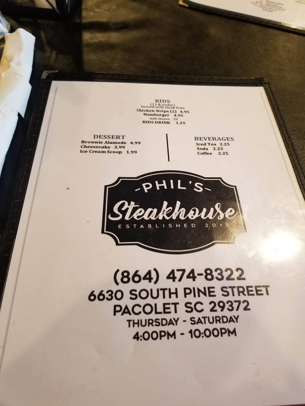 Menu at Phil's Steakhouse, Pacolet