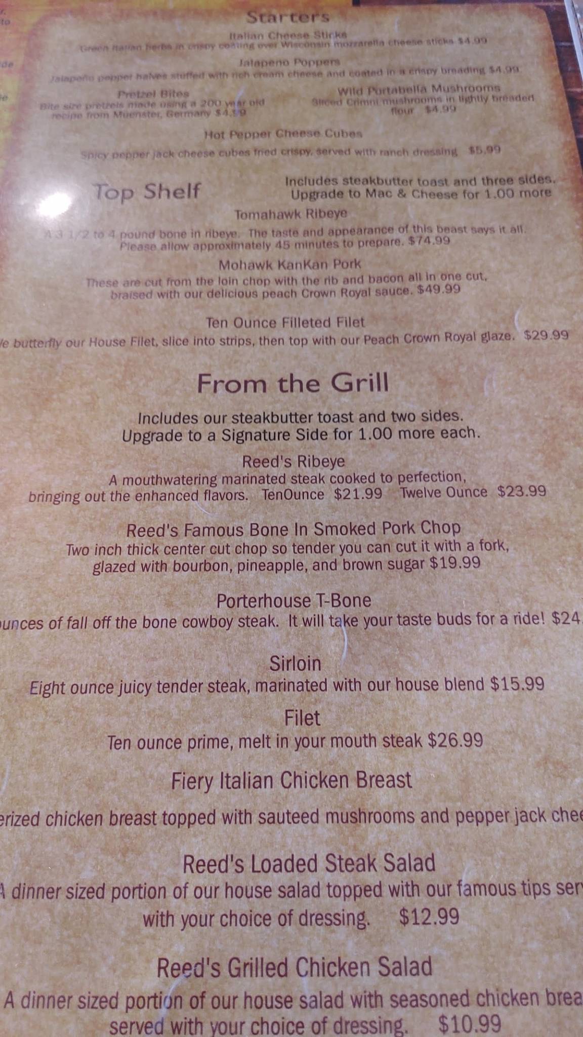 Menu at Reed’s Place: Steak and Chop Shop steakhouse, Seymour