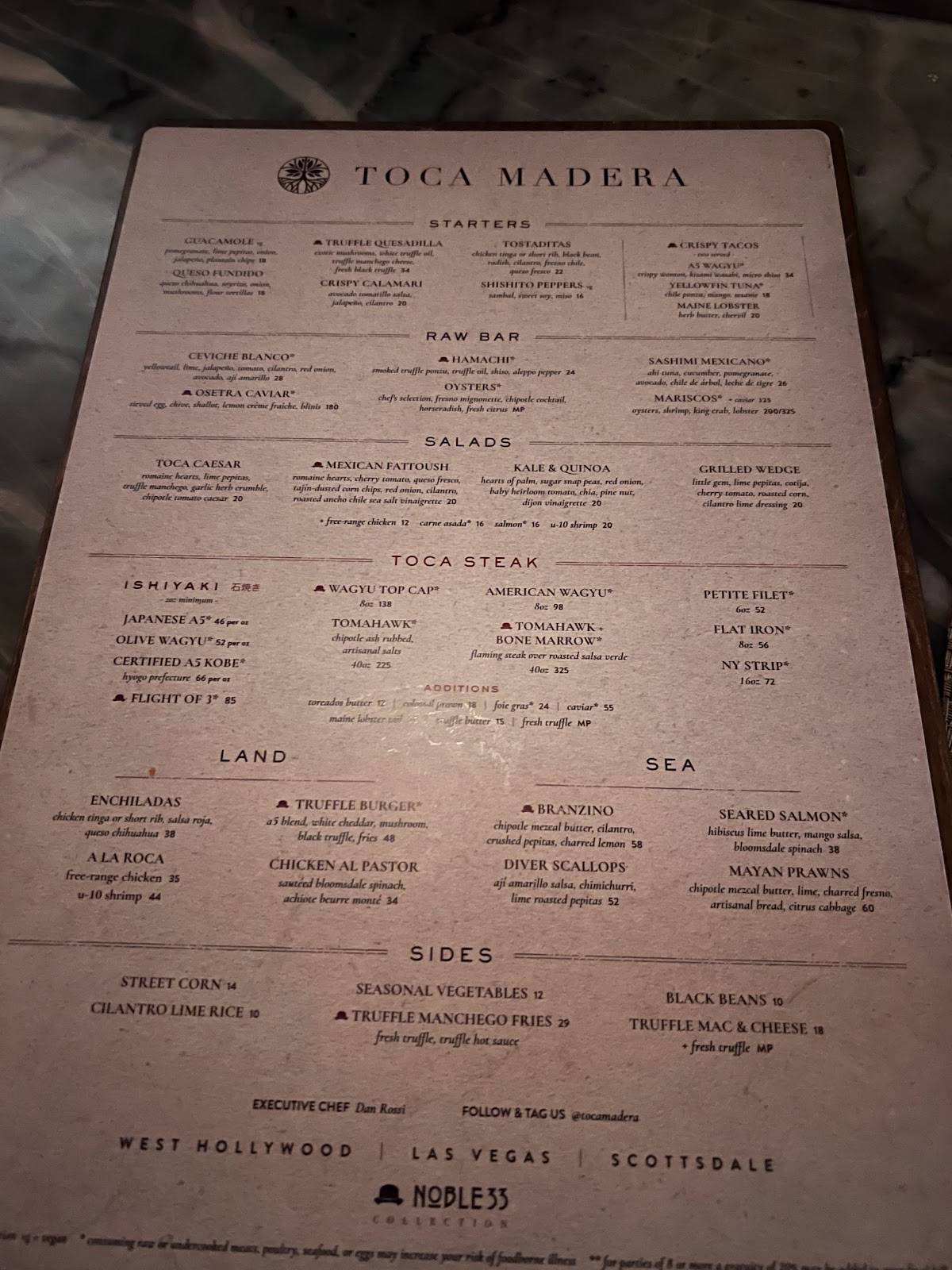 Menu at Toca Madera Las Vegas steakhouse, Las Vegas