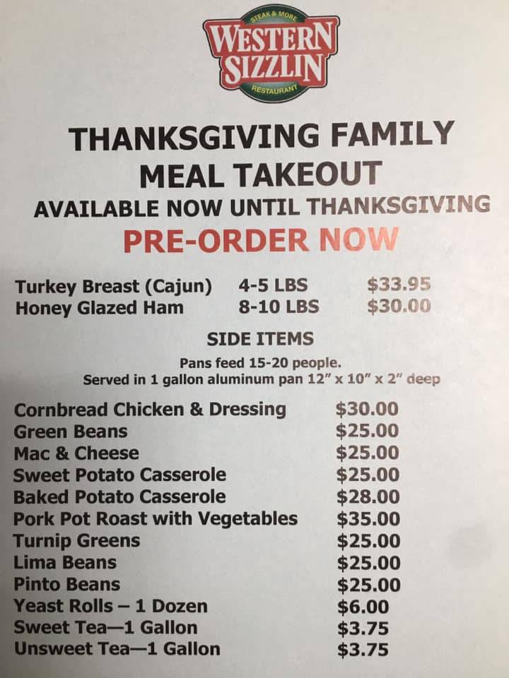Menu at Western Sizzlin steakhouse, Rainbow City