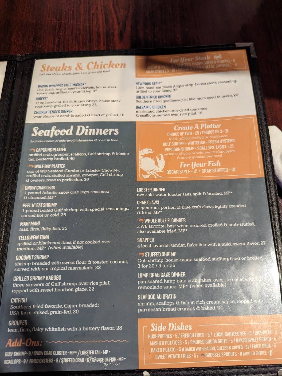 Menu at Wolf Bay Restaurant at Foley, Foley, Miflin Rd