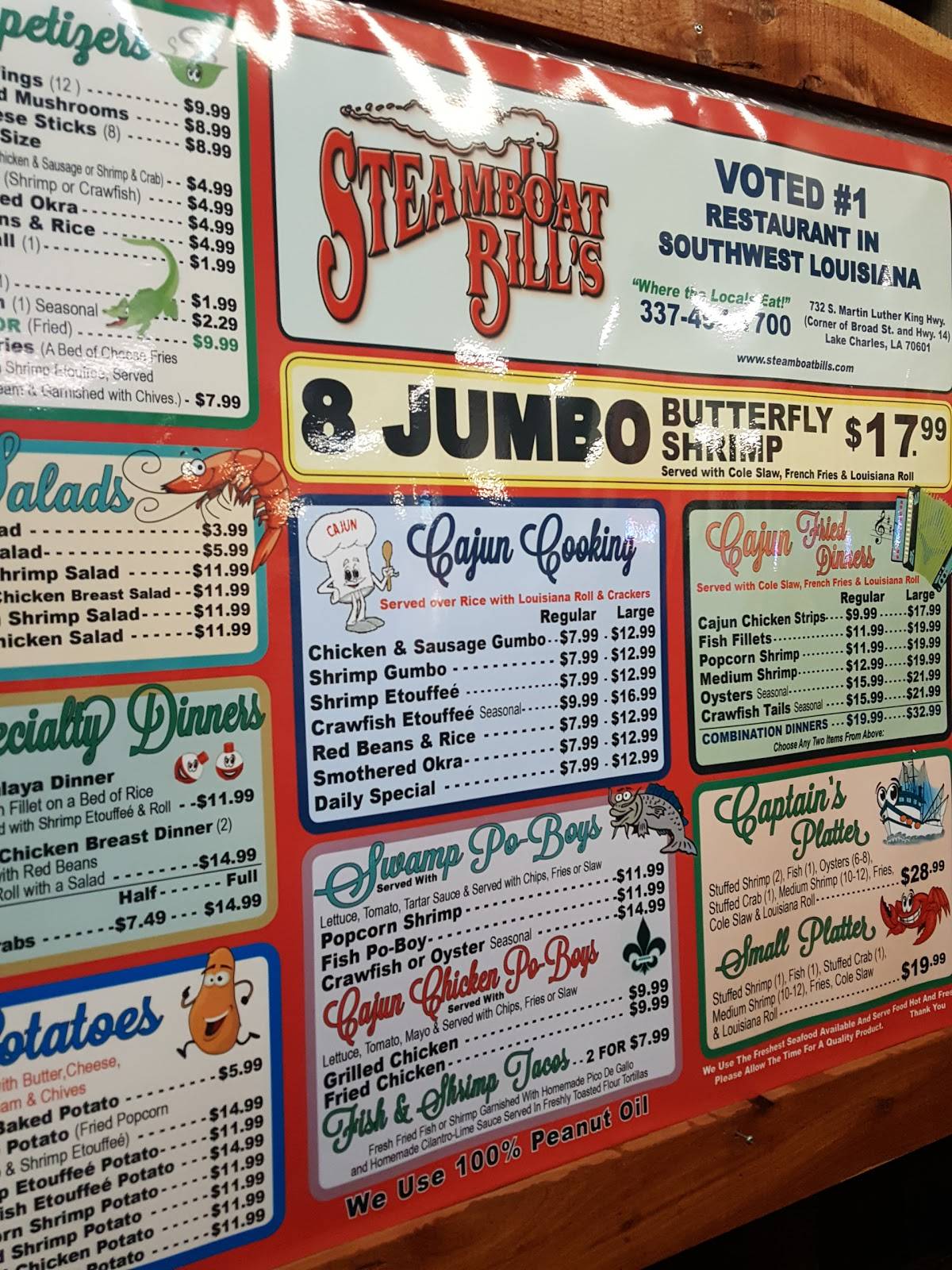 Menu at Steamboat Bill's Seafood restaurant, Lake Charles, 732 S Martin ...