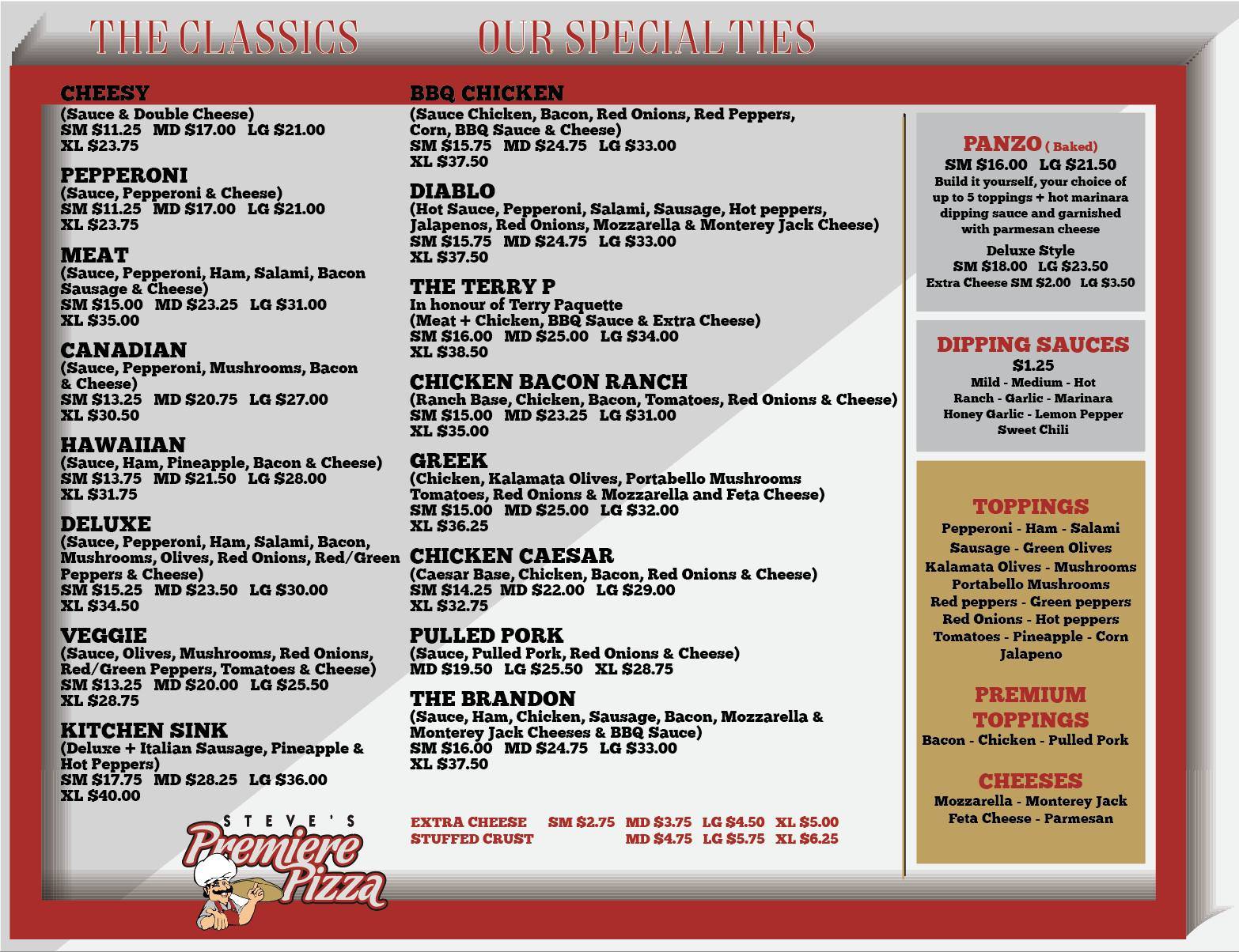 Menu at Steve's Premiere Pizza pizzeria, West Nipissing