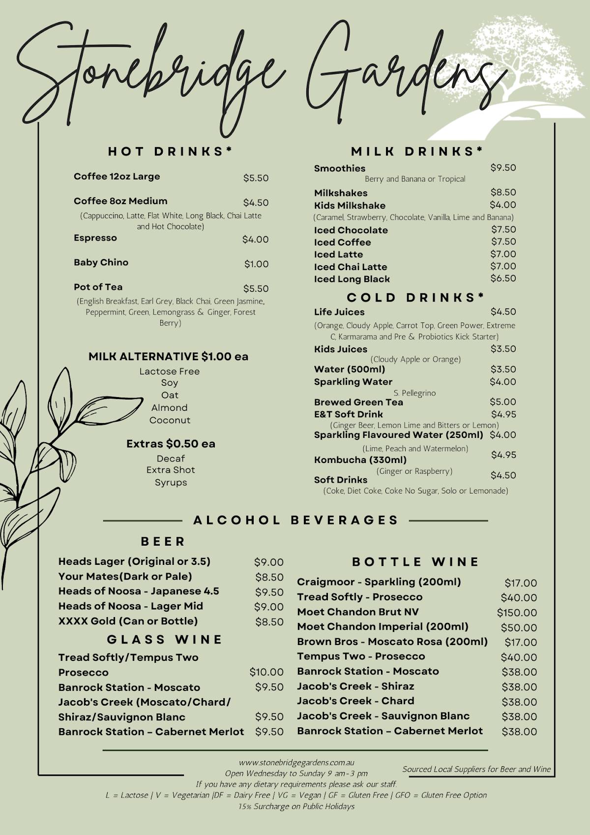 Menu at Stonebridge Gardens restaurant, Palmwoods