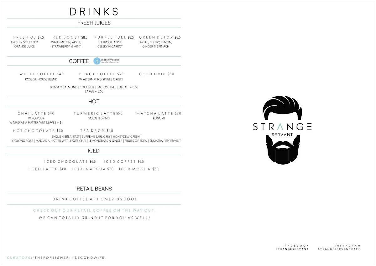 Menu at Strange Servant cafe, Dingley Village