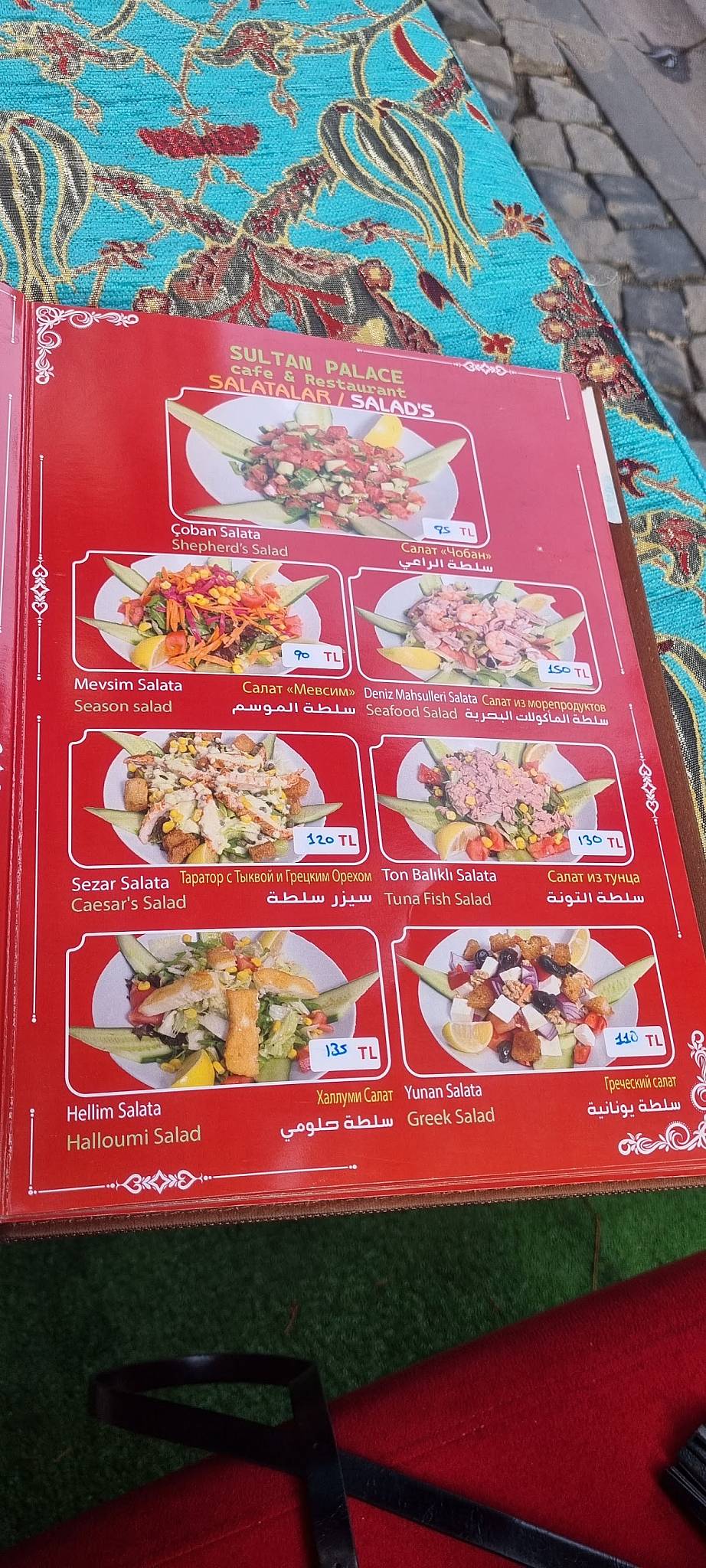 Menu at Sultan palace cafe restaurant, Istanbul