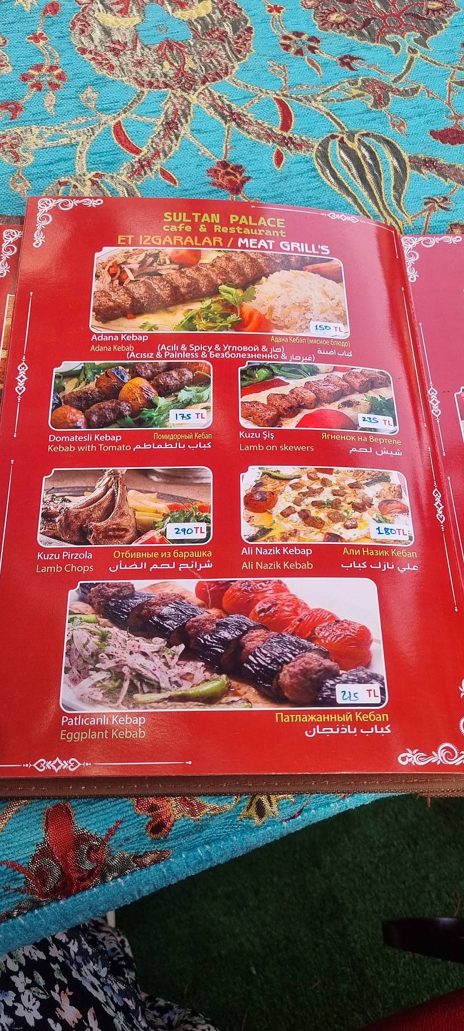 Menu at Sultan palace cafe restaurant, Istanbul