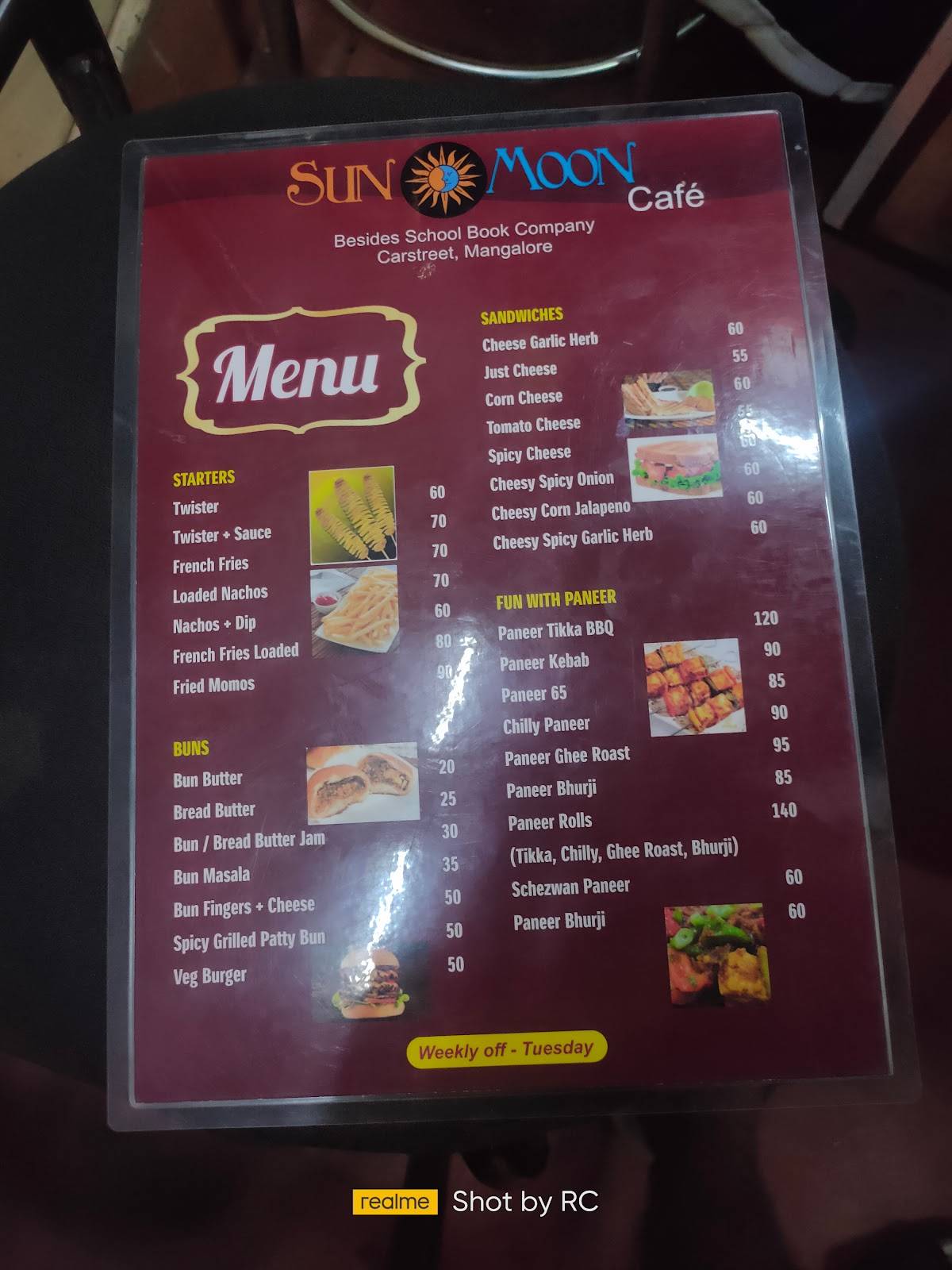 Menu at Sun Moon, Mangaluru