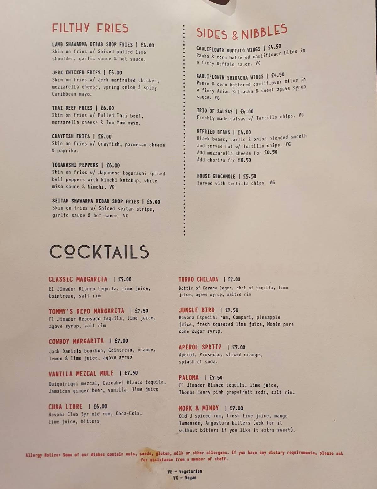 Menu at Mexico 70 restaurant, Sunderland