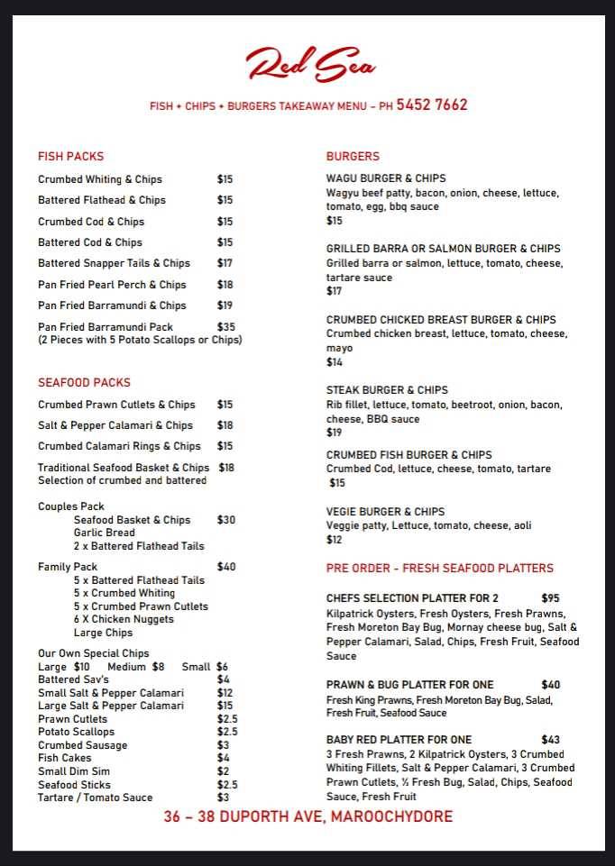 Menu at Red Sea Steak and Seafood restaurant, Maroochydore