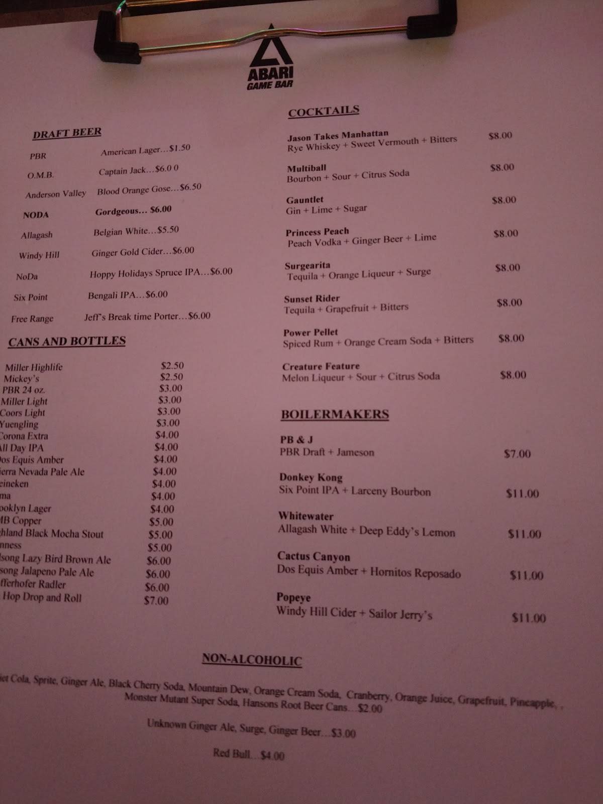 Menu at Super Abari Game Bar, Charlotte