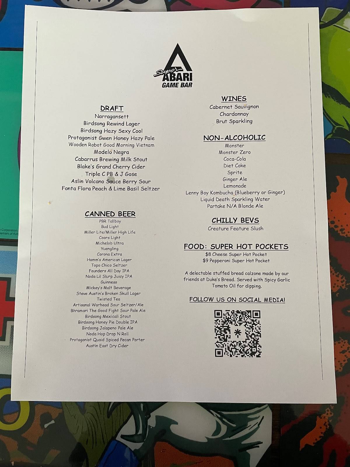 Menu at Super Abari Game Bar, Charlotte
